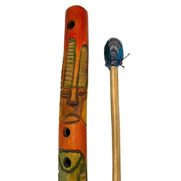 Other | Vtgguatemala Hand Carved Wooden Flute 13 Tribal Face Mask Art ...